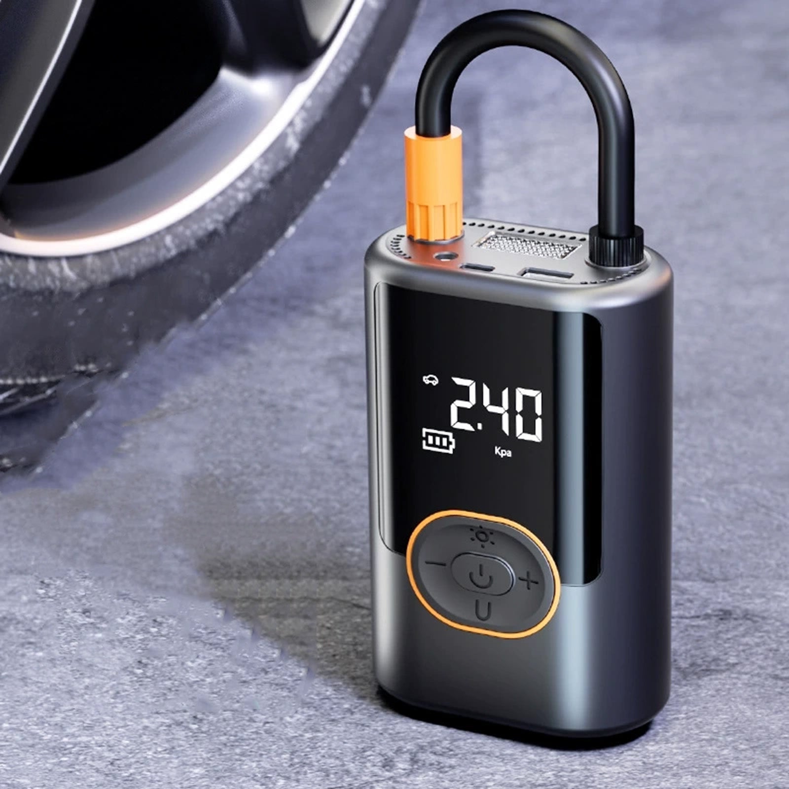 Compact Portable Car Tire Inflator with Wireless Fast Charging & Multi